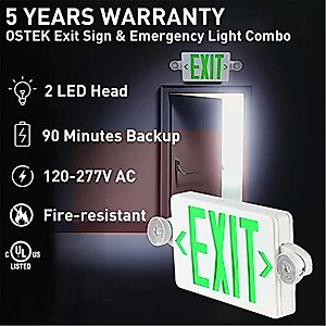 OSTEK Green Exit Sign with Emergency Exit Lights, 2 Adjustable Head Lights, Double Face and 90min Long Backup Battery, ABS Fire Safety Emergency Exit Light (UL Certified 120-277V)(UL 94V-0)