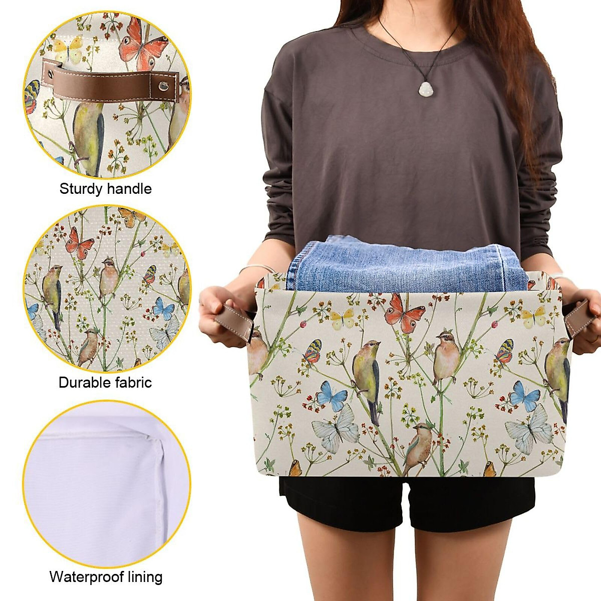 KOPIRIT Butterflies Birds Storage Bins for Organizing Collapsible Storage Basket Container Organizer with Handles for Laundry Shelves Closet Clothes Nursery