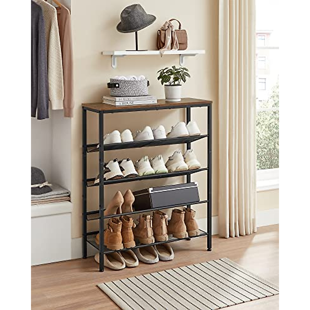VASAGLE Shoe Rack for Entryway, 5 Tier Shoe Storage Shelves, 16-20 Pairs Shoe Organizer, with Sturdy Wooden Top and Steel Frame, Free Standing, Industrial, Rustic Brown and Black ULBS038B01
