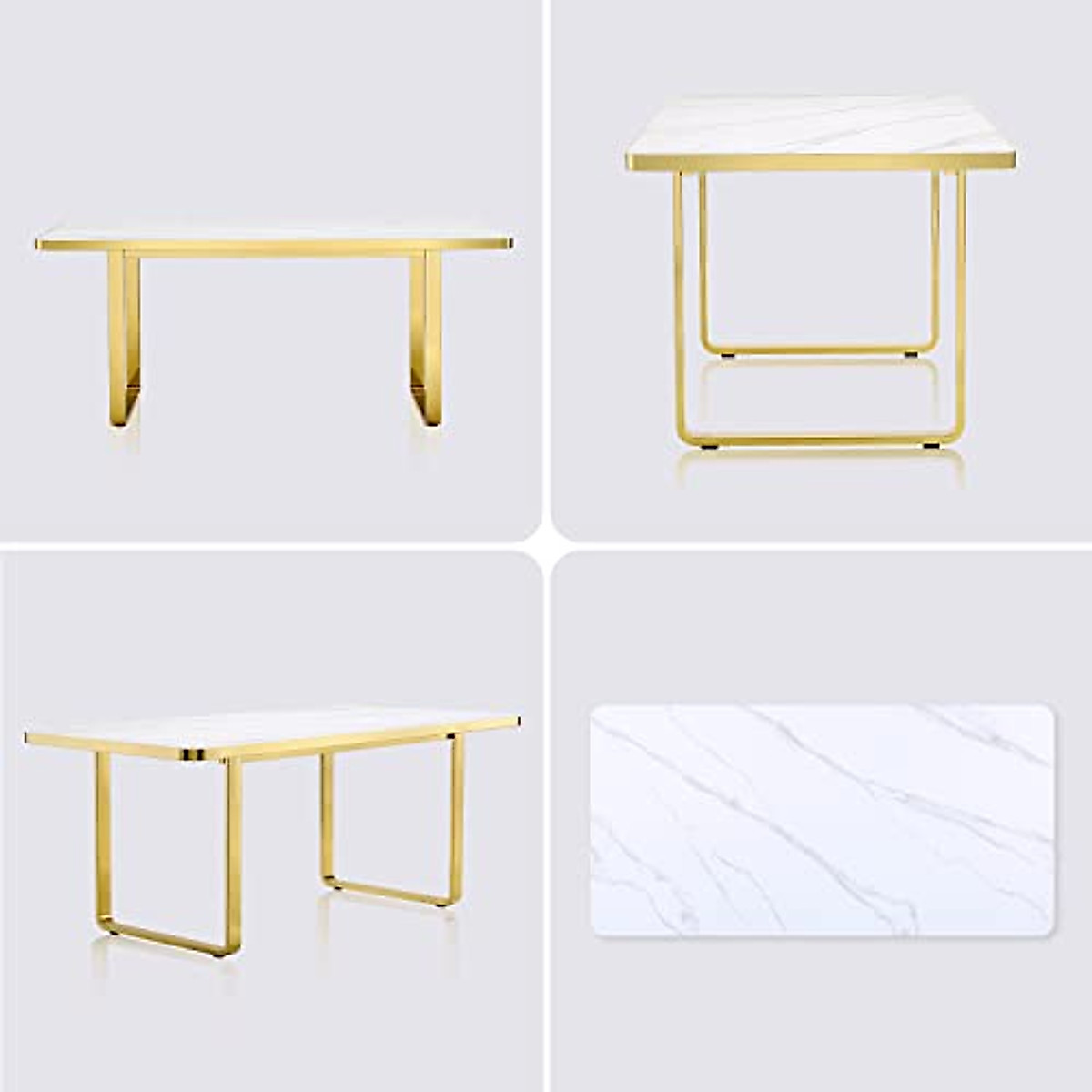 AZhome 7-Piece Dining Set, Gold Dining Room Table Set for 6, Black Leather Dining Chairs with Polished Stainless Steel Sled Base for Kitchen, Dining Room