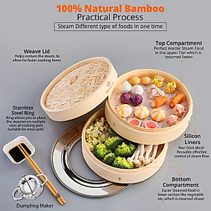 KITCHENCRUST Bamboo Steamer Basket for Chinese Asian Cuisine - 2 Tier 10-Inch Steaming Basket Bun Vegetable Steamer, Dumpling Steamer bamboo steam basket, Sauce Dish, Chopsticks, Reusable Liners, Ring