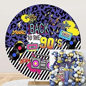 AWERT Polyester Diameter 7ft Round Back to The 90's Backdrop Retro Colorful Graffiti Hip Hop Old Radio Black White Stripes Photo Background 90's Theme Birthday Party Discos Ball Decoration