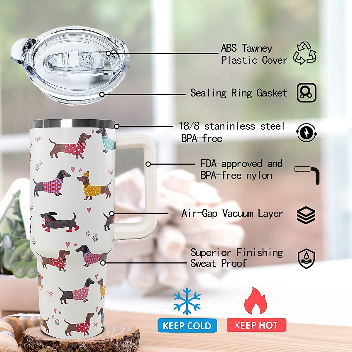 wmvhdiw 30 Oz Tumbler With Handle,Dachshund Coffee Travel Mug Cup Water Bottle, Dachshund Decor, Dog Gifts for Women