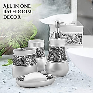 Creative Scents Silver Bathroom Accessories Set complete - Decorative Crackled Glass 6 Piece Bathroom Set Features: Trash Can, Tissue Box Cover, Soap Dispenser, Toothbrush Holder, Soap Dish, & Tumbler