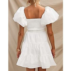 ZESICA Women's 2023 Boho Summer Square Neck Puff Sleeve Off Shoulder Smocked Tiered Casual A Line Short Mini Dress,White,Medium