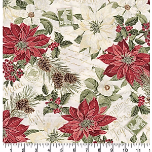 Traditional Christmas Poinsettia and Pinecone Cotton Precut Fabric - One Yard
