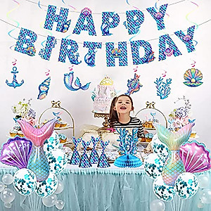 Mermaid Party Decorations, Mermaid Birthday Decorations with Happy Birthday Banner/Balloons Photo Prop/Hanging Swirl Decors (Blue, Decorations)