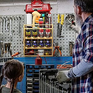 Nisorpa Spray Can Rack Holder Wooden Paint Bottle Organizer Lube Can Wall Mount Storage Rack Tool Storage Rack with 4 Hooks & 2 Selves for Garage & Workshop