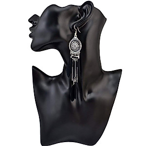Vintage Retro Boho Ethnic Silver Plated Alloy Chain Tassel Dangle Earrings Feather Fringe Drop Long Earrings (Black)