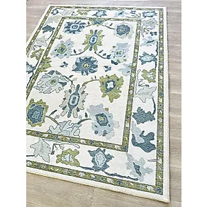 Green Oushak Rug, Modern, Vintage, Turkish, Eclectic, Floral, Pastel, Washable, Large Area Rugs for Living Room, Dining, Bedroom, Girls, Boys, 7'5"x9'8"