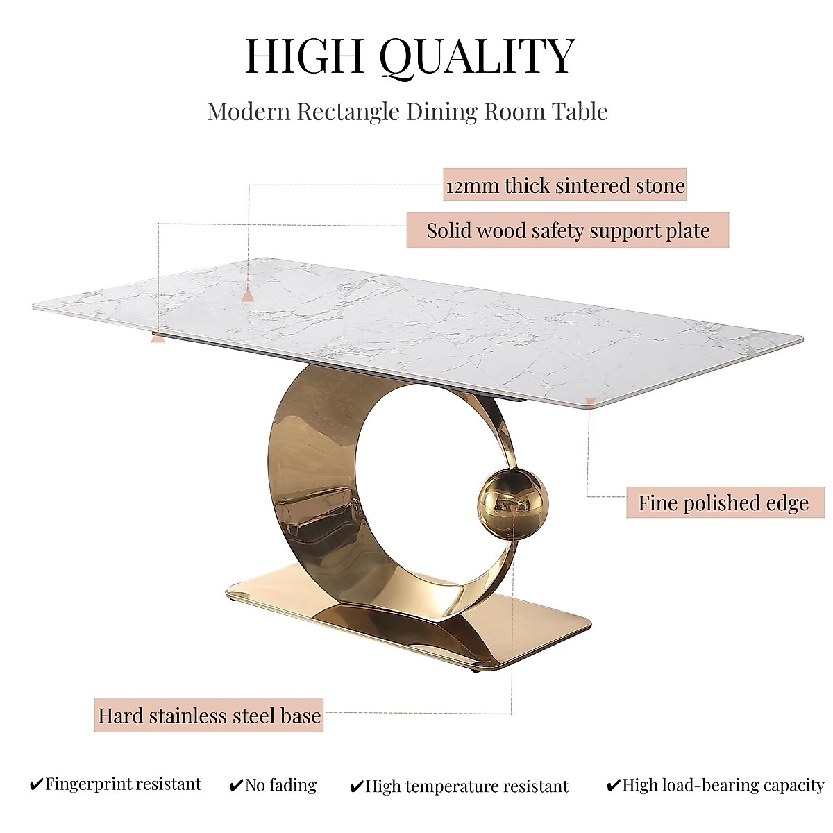 Montary 71” Artificial Marble Dining Table for 6-8 Seat, Modern Rectangle Dining Room Table with Gold Shaped Circle Stainless Steel Base, Sintered Stone Dining Table (Only Table)