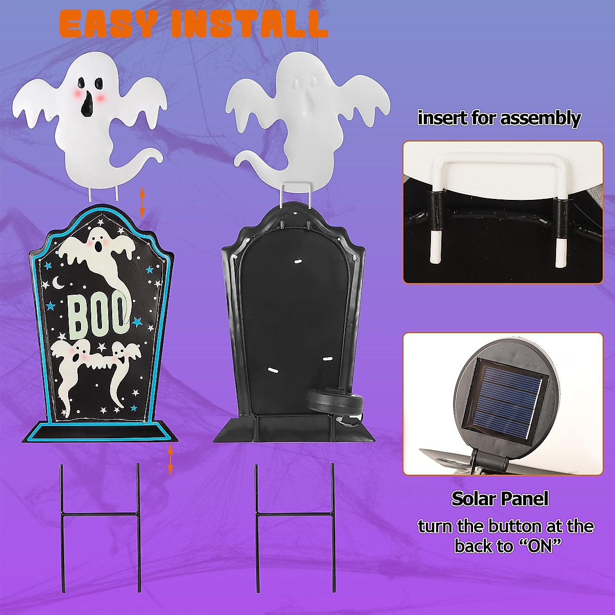 Joliyoou Halloween Yard Stake, 26.4" Solar Lighted Metal Tombstone with Glow in The Dark Ghosts, 18 LED Purple Lights Spooky Yard Sign for Outdoor Front Door Yard Lawn Garden Decors