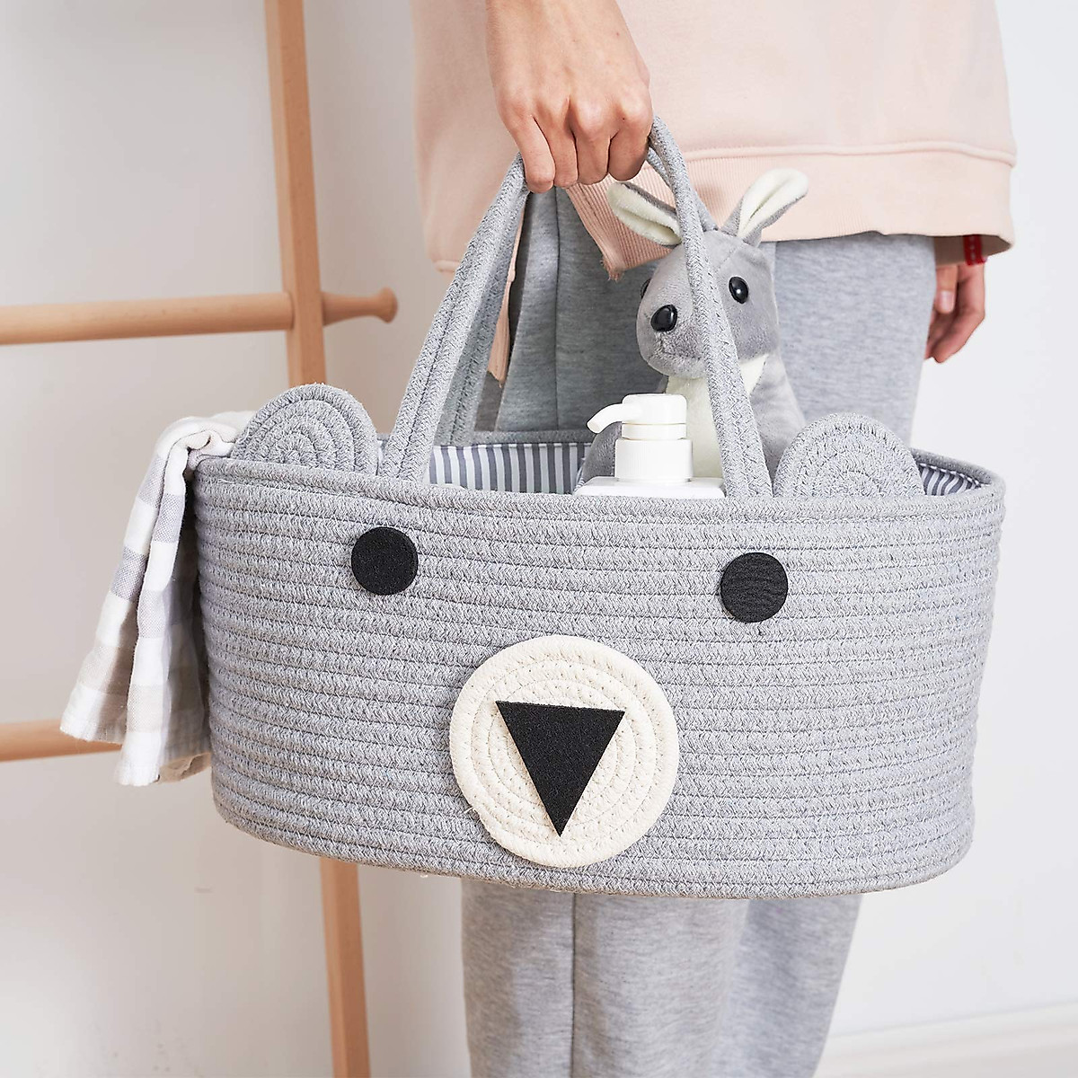 InfiBay Baby Diaper Caddy Organizer, Large Bear Cotton Rope Nursery Baby Shower Gifts, Changing Basket Table Baby Diaper Storage Portable Car Organizer, Baby Newborn Essentials-Gray