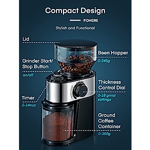 Electric Burr Coffee Grinder, FOHERE Coffee Bean Grinder with 18 Precise Grind Settings, 2-14 Cup for Drip, Percolator, French Press, Espresso and Turkish Electric Coffee Makers, Black