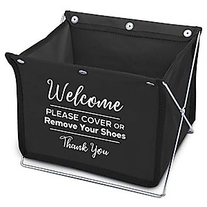 Foldable Shoe Cover Holder and Single Door Hanger with Designs on Front and Back - Please Use Shoe Covers (Black - 2 Pack)