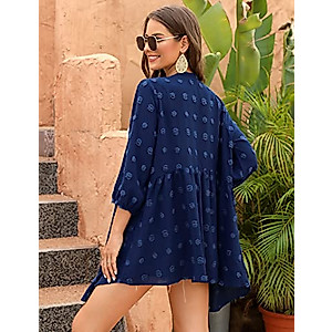 KOJOOIN Womens Kimonos for Summer Swiss Dots Chiffon Beach Swimsuit Coverup 3/4 Sleeve Asymmetrical Hem Loose Open Front Light Weight Cardigan Bikini Bathing Suit Cover Ups for Swimwear Navy Large