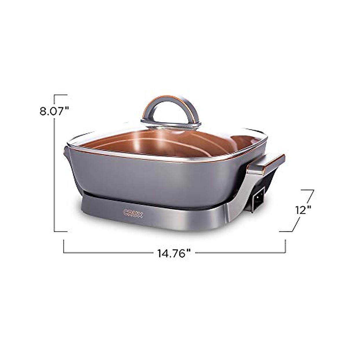 Crux Extra Deep Nonstick Scratch Resistant Electric Skillet with Removeable Temperature Probe, 12" x 12", silver (14620)