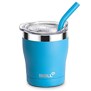 Mollcity Kids Cup with Straws and Lids- 9 oz Stainless Steel Double Wall Insulated Tumbler for Kids Spill Proof Smoothie Cup, BPA Free(Sky Blue)