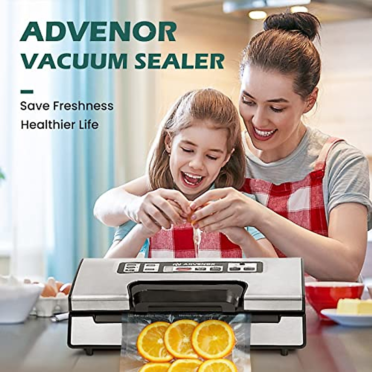 ADVENOR Vacuum Sealer Pro Food Sealer with Built-in Cutter and Bag Storage Includes 2 Bag Rolls 8"x16'and 11"x16' Handle Lock Design 90kpa Double Heat Seal For Food Preservation