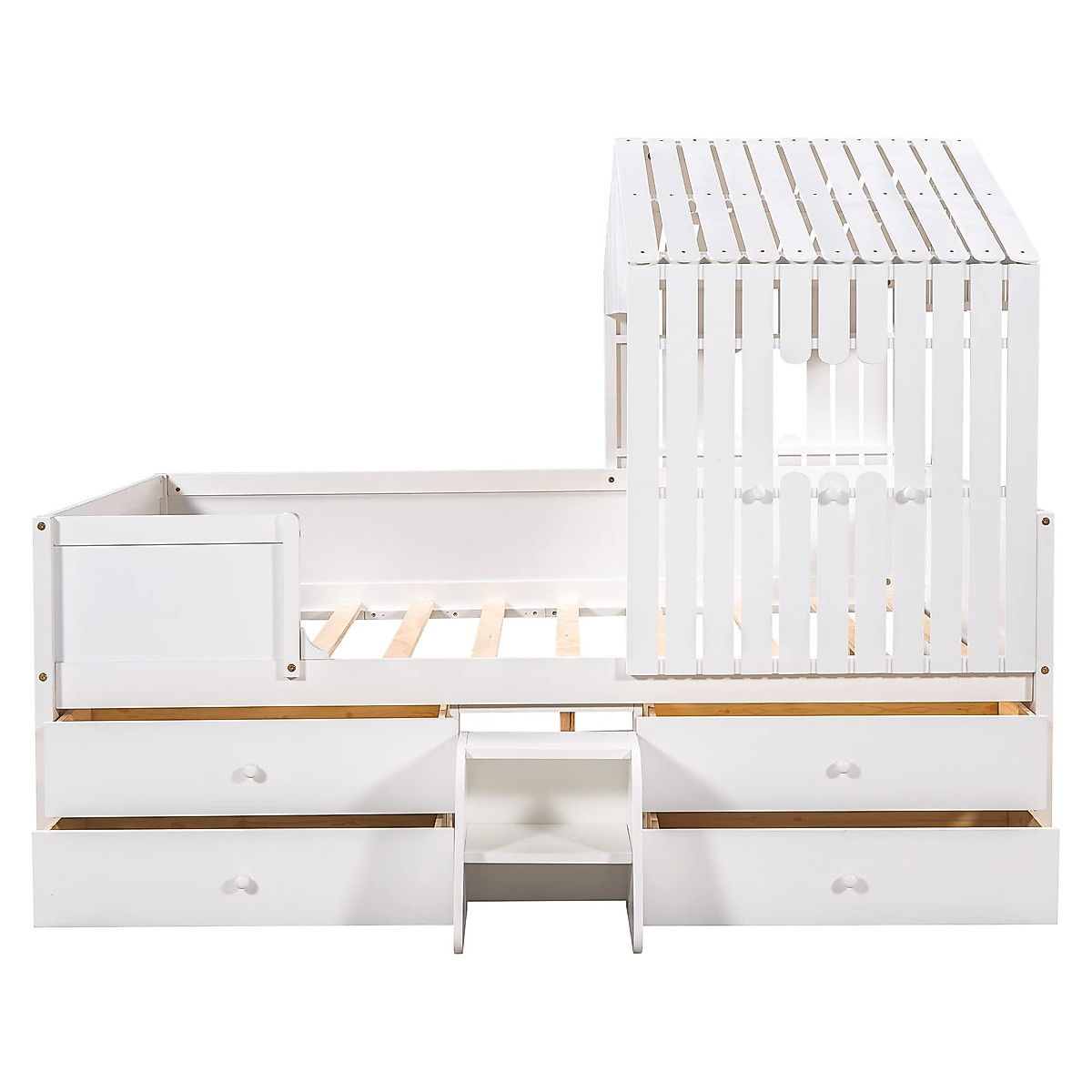 House Low Loft Bed with Trundle and Full-Length Guardrails,Wooden Bed Frame with with A Roof and Window for Bedroom (White with 4 Drawers, Full)