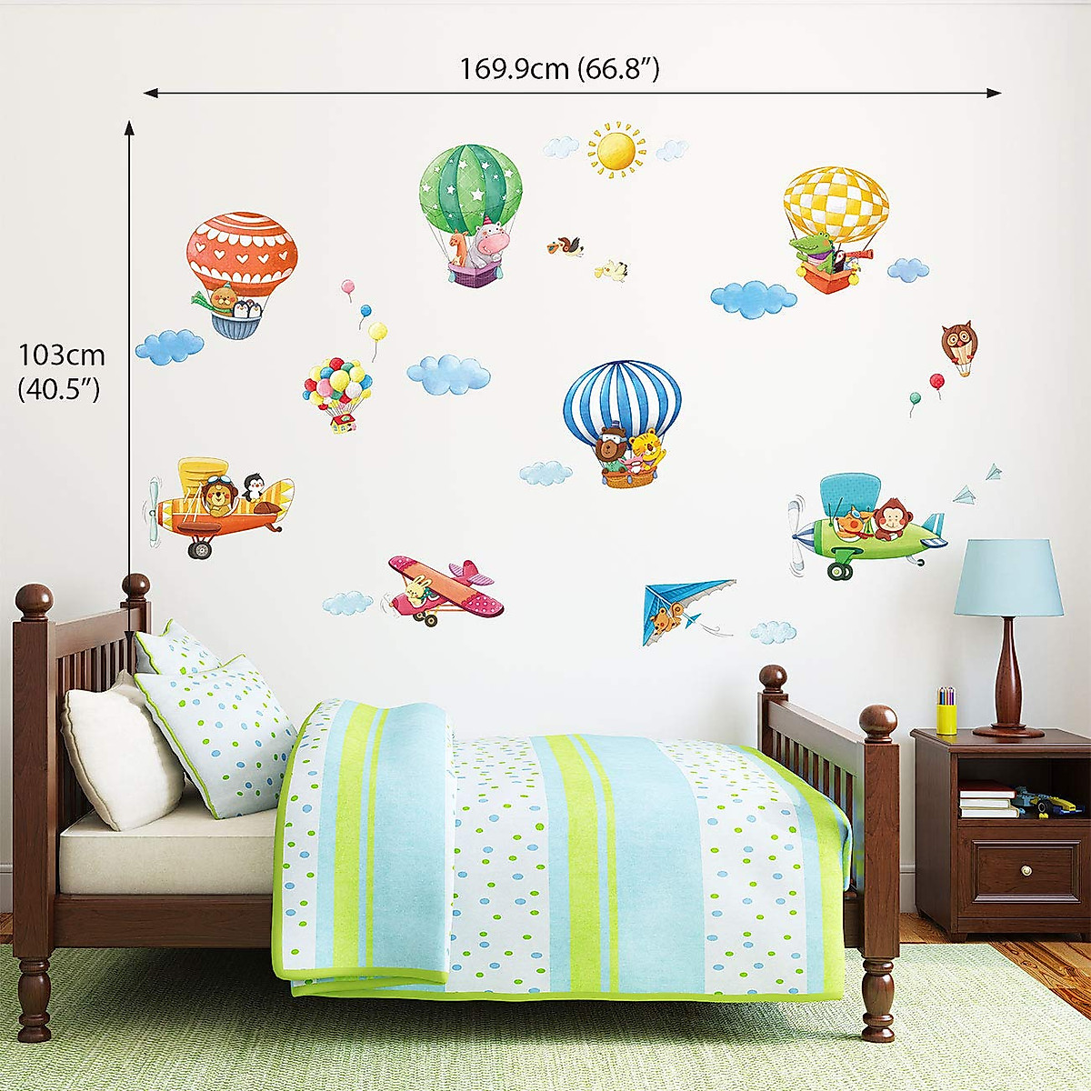 DECOWALL DAT-1406B1506B Animal Hot Air Balloons and Biplanes Kids Wall Stickers Wall Decals Peel and Stick Removable Wall Stickers for Kids Nursery Bedroom Living Room d?cor