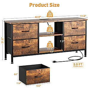 YaFiti TV Stand Dresser for Bedroom, Entertainment Center with Power Outlet for 50" TV, Dressers with 4 Fabric Drawers & Open Shelves for Living Room, Bedroom, Entryway, Rustic Brown