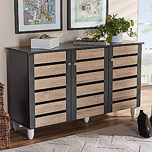BOWERY HILL Modern and Contemporary Two-Tone Oak Wood 3-Door Shoe Cabinet in Dark Gray