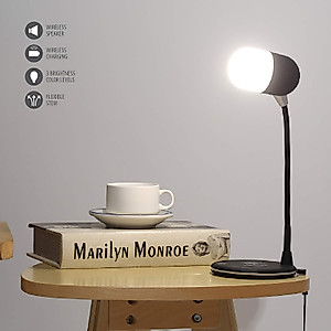 Led desk lamp with QI wireless smart charger. Home office bedside table night light lamp. Bluetooth connected speaker. 3 lighting color changing modes and touch control. Nightlight lamps for bedrooms.