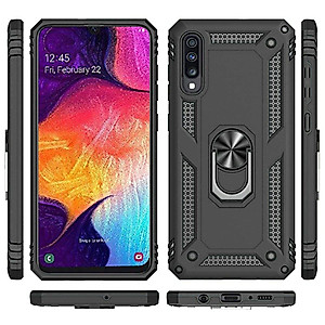 TJS Compatible with Samsung Galaxy A50 2019 Case, with Tempered Glass Screen Protector Metal Ring Magnetic Support Kickstand Heavy Duty Drop Protector Phone Case Cover (Black)
