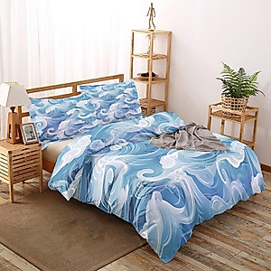 QpaZynthy Japanese Wave Bedding Queen Size, Blue Ocean Duvet Cover Set 3 Pieces, Nautical Abstract Duvet Cover and 2 Pillow Shams, Soft Microfiber Comforter Cover with Zipper Closure
