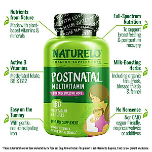NATURELO Postnatal Multivitamin - Supplement for Breastfeeding Women - Plant-Based Vitamin D, Folate, Gentle Iron - for Nursing Mother, Baby - Post Natal Lactation Support (180 Count (Pack of 1))
