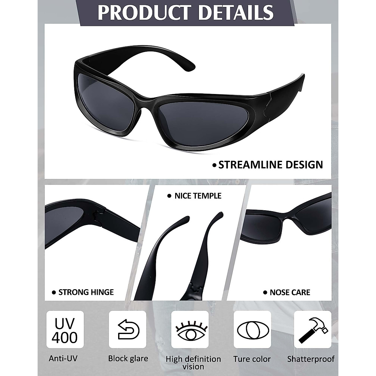 10 Pairs Y2K Wrap Around Sunglasses Multicolor Black Blue Silver Oval Shaped Sport Sunglasses Eyewear for Women Men 10 Colors