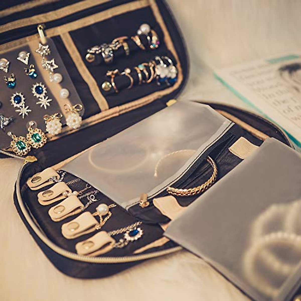 ProCase Travel Jewelry Organizer Case for Women Christmas Valentine's Day Gift, Soft Padded Jewelry Storage Bag Box Carrying Case Pouch for Rings, Bracelet, Earring, Chains, Necklace Holder -Black