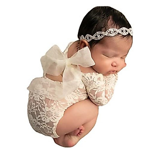 Baby Photography Props Outfit Lace Rompers Newborn Girl Photo Shoot Outfits Flower Headband Princess Costume (White)