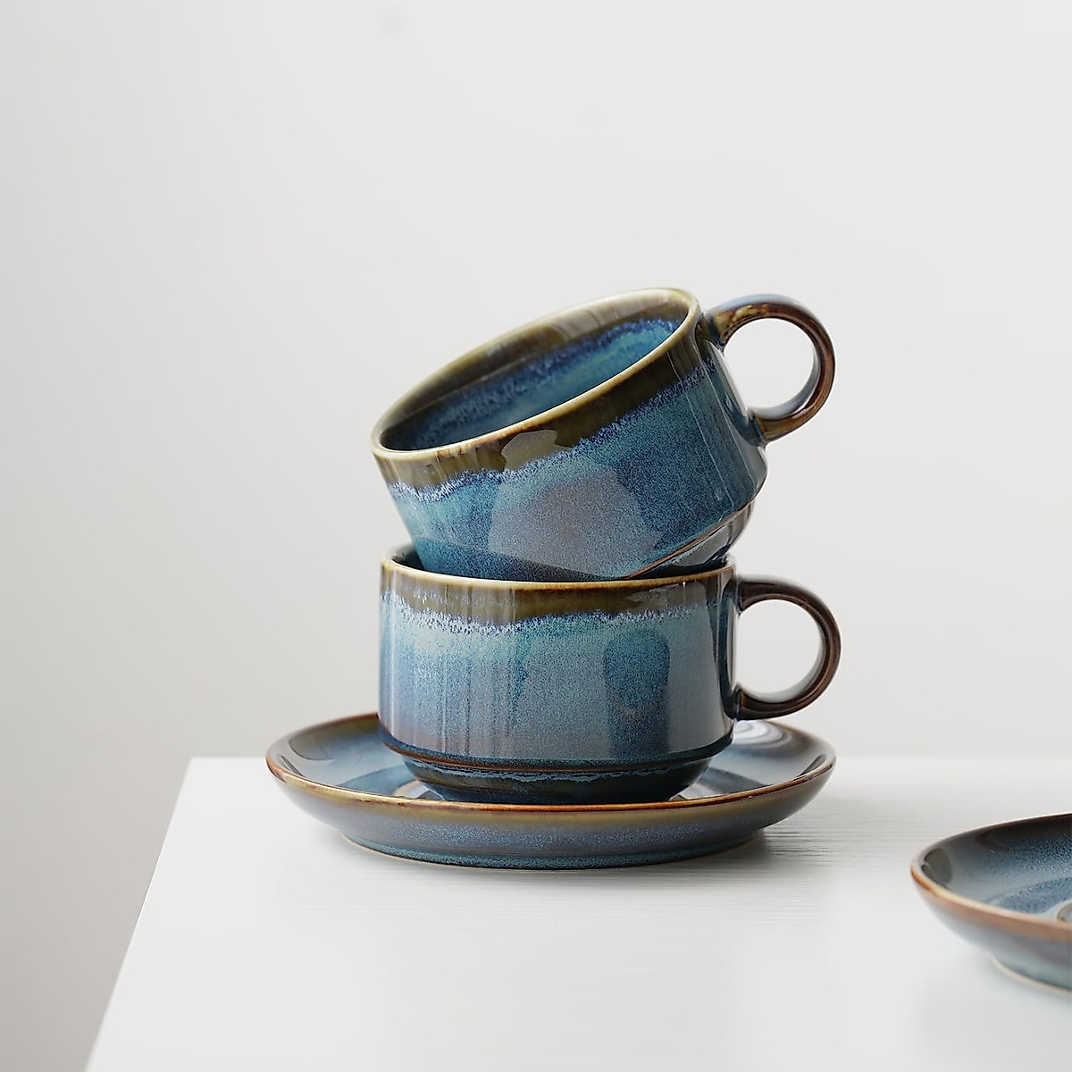 MIKIGEY Ceramics 10oz Cappuccino Cups with Sacuer, Set of 2, Coffee Cup for Au Lait, Latte, Tea, Mocha-Set of 2, Dishwasher and Microwave, Reactive Blue