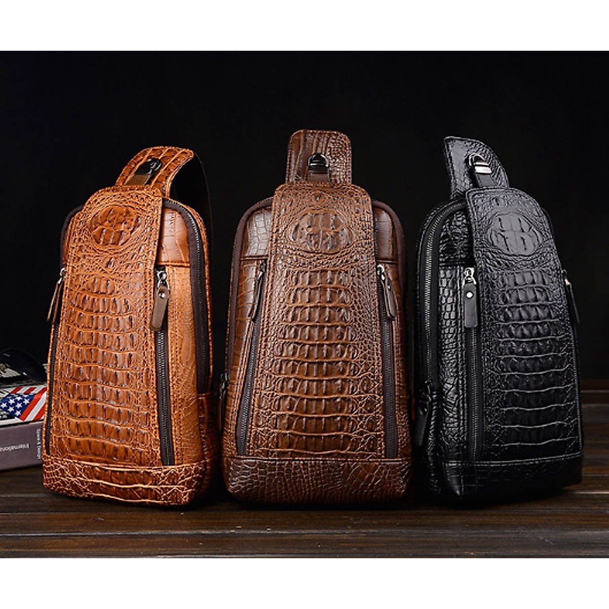 FiveloveTwo Mens Sling Bags Crocodile PU Shoulder Crossbody Chest Bag Satchels Hiking Daypack Dark Brown