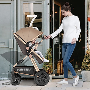Newborn&Infant&Toddler Foldable All-Terrain High Landscape Baby Stroller Aluminum Alloy 2 in 1 Convertible Reversible Bassinet Pram,Convertible with Detachable Foot Cover and Tray