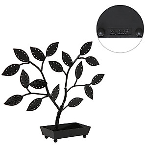 MyGift Black Metal Hanging Jewelry Tree Earring Display Stand, Necklace Bracelet Organizer Rack with Ring Dish Tray