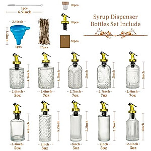 KAMJUNTAR Coffee Syrup Dispenser Set of 10, Glass Syrup Dispenser for Coffee Bar 7oz Simple Syrup Bottles Small Syrup Bottles for Coffee Bar and Home Use, Vintage Glass Bottles