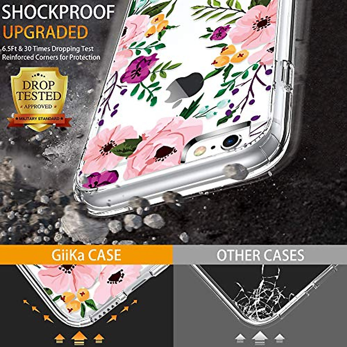 GiiKa iPhone 6 6s Case with Screen Protector, Not 6 Plus Clear Heavy Duty Protective Case Floral Girls Women Shockproof Hard PC Case with Slim TPU Bumper Cover Phone Case for iPhone 6s, Small Flowers