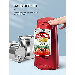 Electric Can Opener, Reemix Automatic Can Opener with Knife Sharpener and Bottle Opener 3 in 1, Easy Push Down Lever (Red)