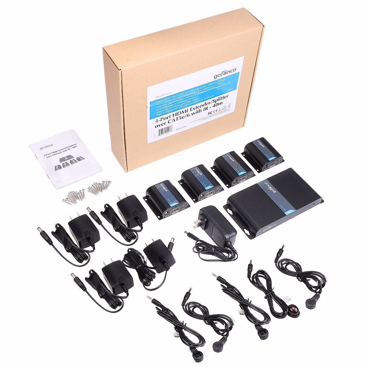 gofanco 1080p 1x4 4 Port HDMI Extender Splitter Over CAT5e/CAT6/CAT7 Ethernet Cable – IR Extension, Up to 40m (130ft) at 1080p 60Hz, 1 in 4 Out (HDMIExt4P)