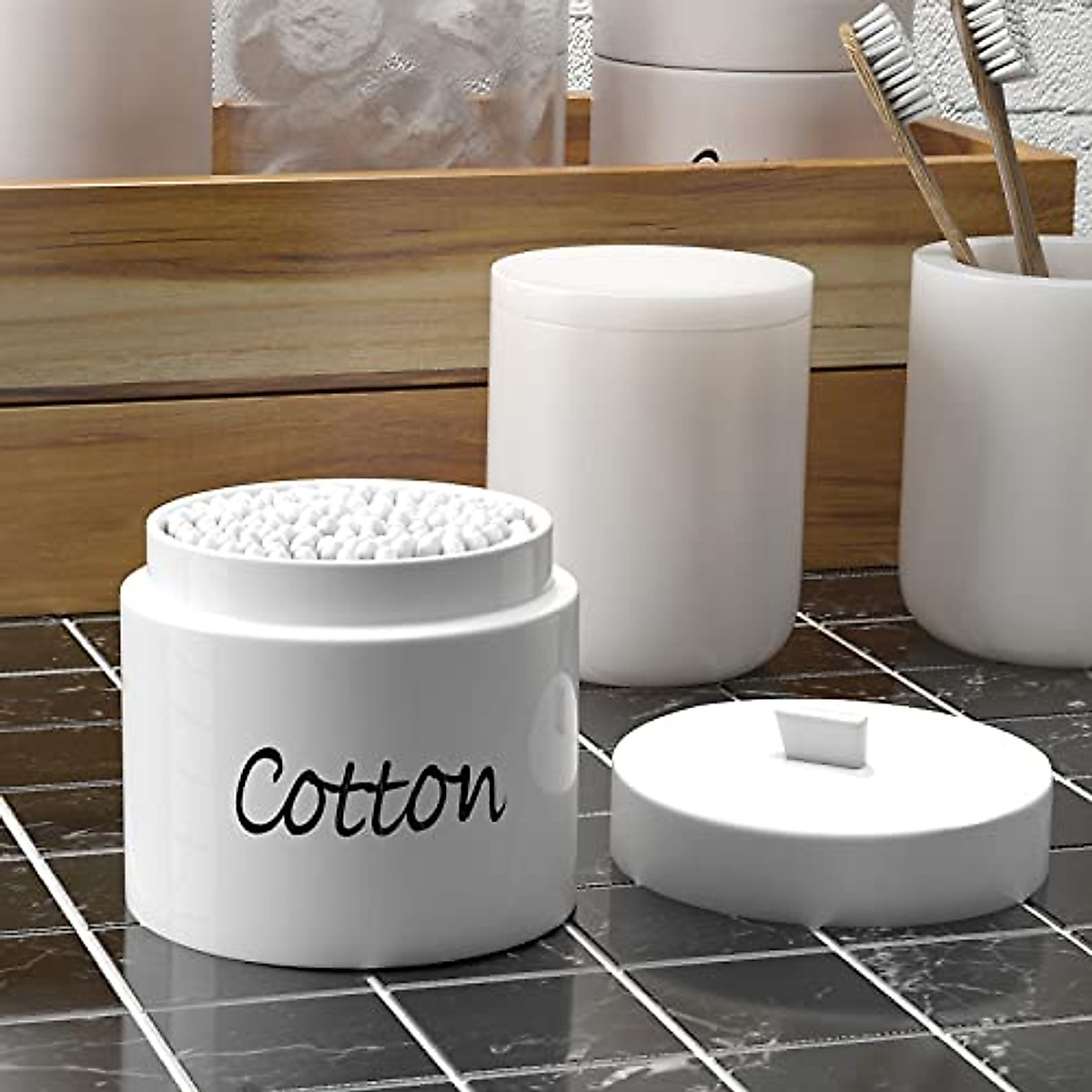 LEETOYI Ceramic Cotton Swabs Holder Organizer with Lid,Storage Canisters for Cotton Swabs White