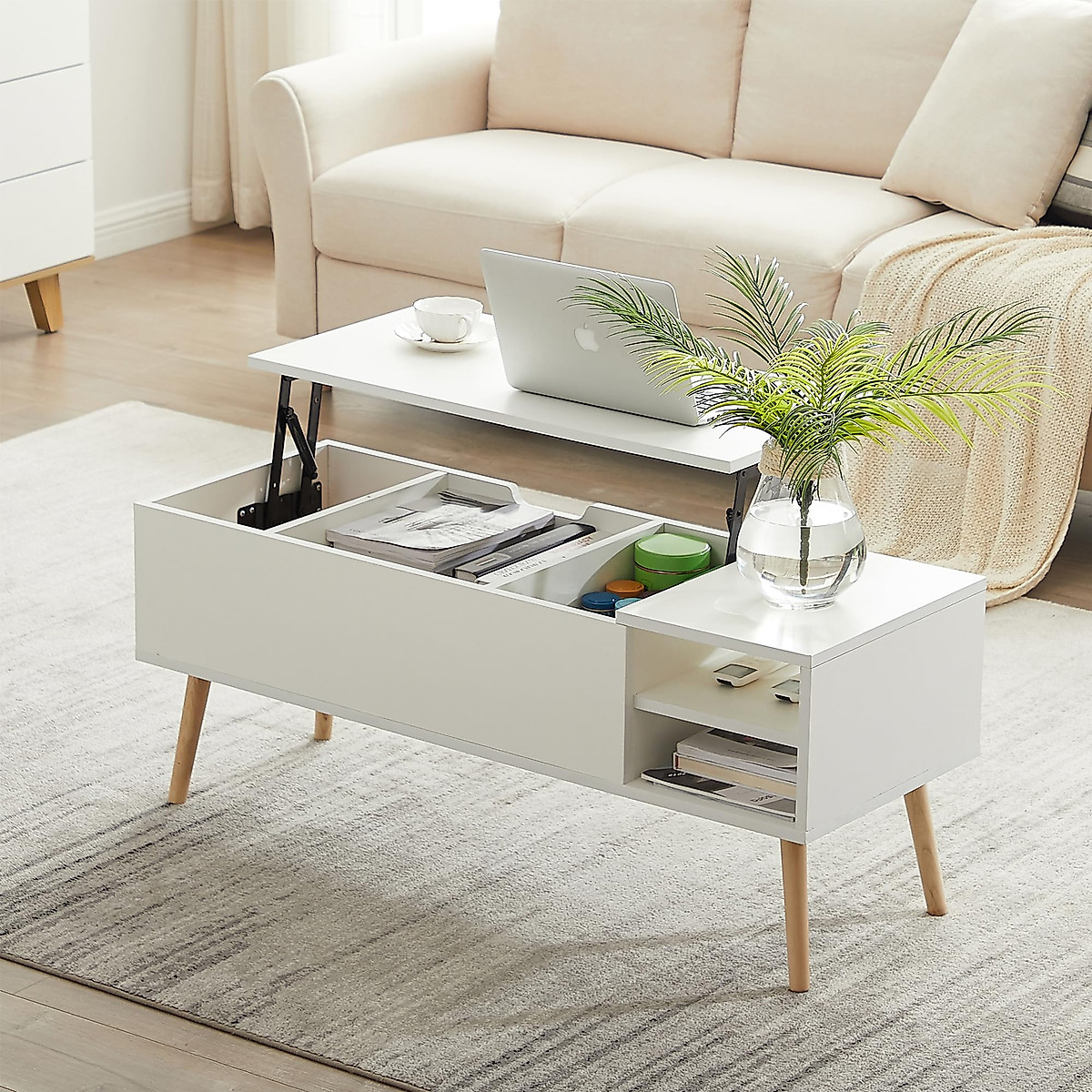 JZXSHD White Wood Lift Top Coffee Table with Hidden Compartment and Adjustable Storage Shelf, Solid Wood Legs Coffee Table with Open Storage Shelf for Home Living Room, Office