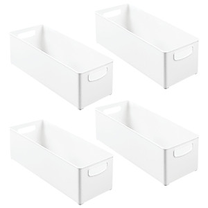 mDesign Plastic Stackable Kitchen Organizer - Storage Bin with Handles for Refrigerator, Freezer, Cabinet, and Pantry Shelves Organization - Food Container - Ligne Collection - 4 Pack - White