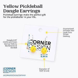 Mini pickleball earrings - hook and dangle style, 1cm (.36in) diameter ball, great pickleball accessory