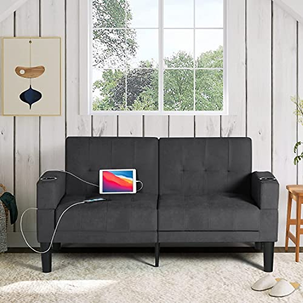 TYBOATLE Linen Upholstered Modern Love Seats Sofa with 2 USB, Fabric Loveseat Furniture w/Removable Armrests, 2 Cup Holders, Suitable for Compact Living Space, Apartment, Dorm (Dark Grey)