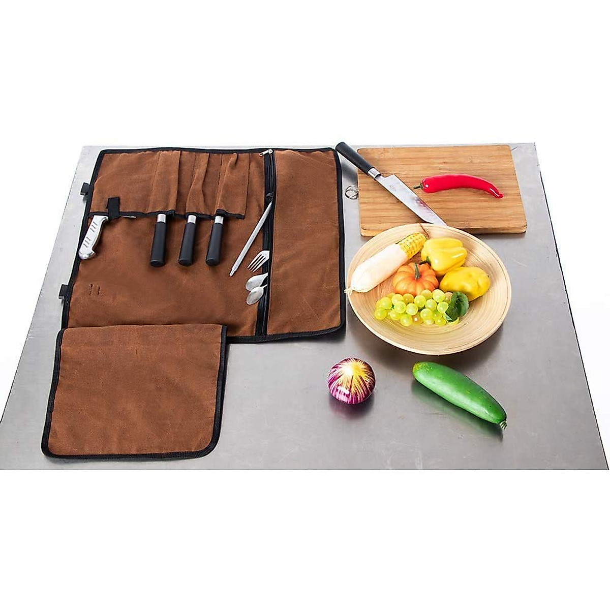 Chef’s Knife Roll, 5 Pockets Knife Bag,Waxed Canvas Roll Up Culinary Bag,Professional Cutlery Storage Case, Portable Knife Tool Roll Bag, Multi-Purpose Knife Cover For Cooking, Camping (Brown)