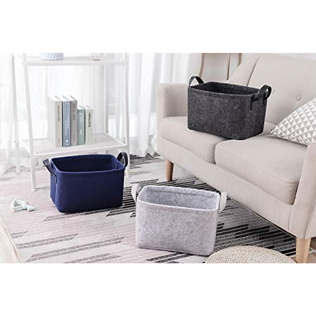 Rhyan Felt Storage Basket/Bin with PU Handles, Collapsible & Convenient Storage Solution for Office, Bedroom, Closet, Toys, Laundry(Light Gray)