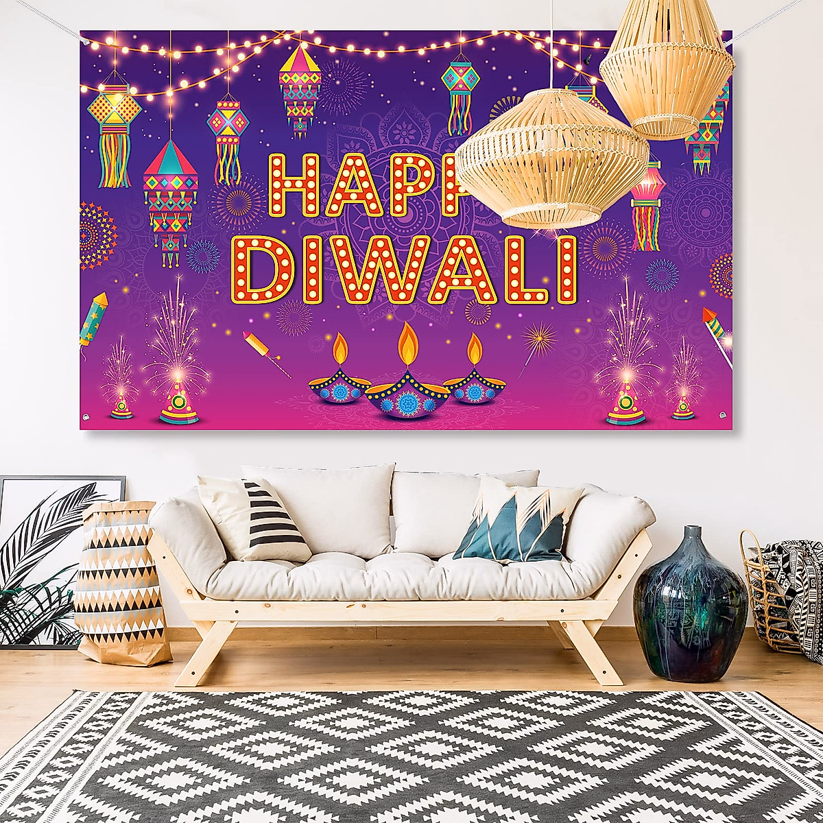 Happy Diwali Backdrop Banner Decorations 73 * 43 Inch Happy Diwali Banner Rangoli Lantern Photography Deepavali Photography Background for Outdoor Home Indian Festival of Lights Party Supplies